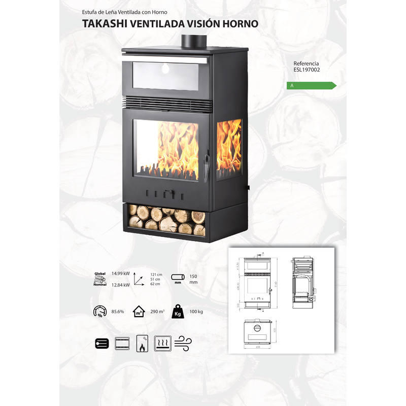 Estufa de Leña Ventilada con Horno TAKASHI VENTILADA VISIÓN HORNO 15 kW